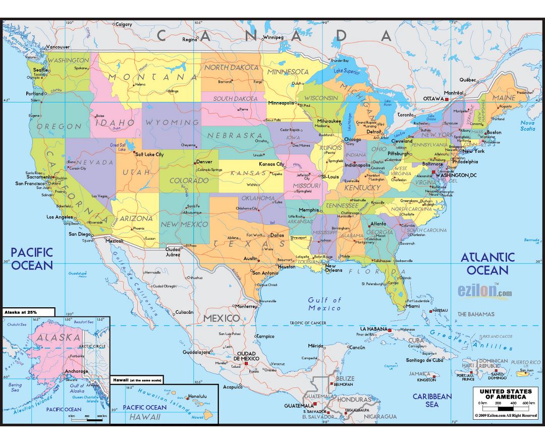 North America Usa Latitude And Longitude Map With Cities